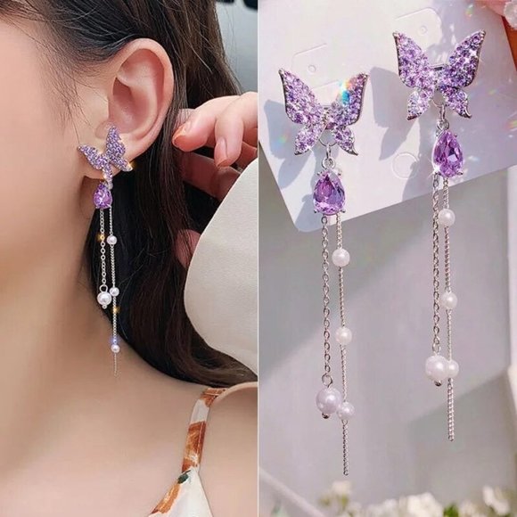 Jewelry | Fashion Shiny Rhinestone Butterfly Dangle Earrings | Poshmark